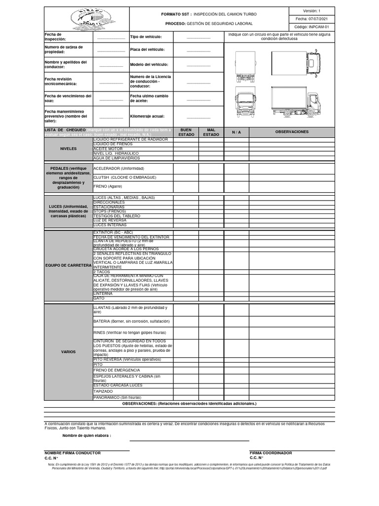 Formato Inspeccion Del Camion | PDF | Camión | Industria automotriz