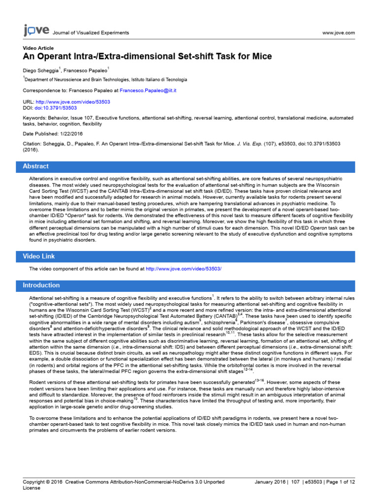 An Operant Intra-:Extra-dimensional Set-Shift Task For Mice | PDF ...