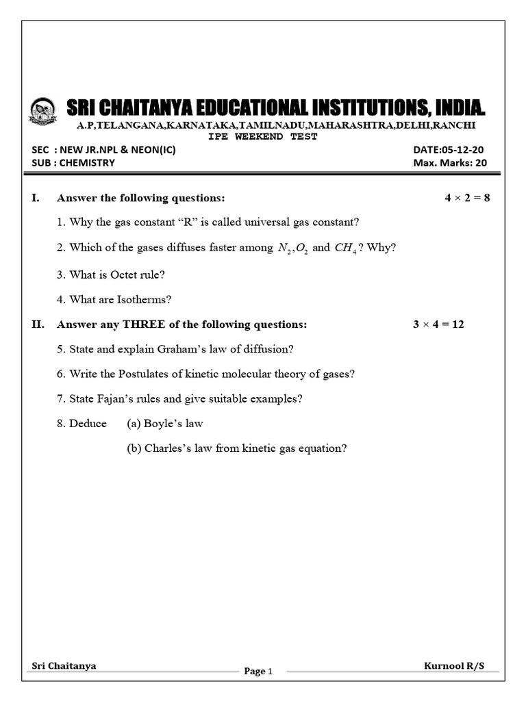 Sri Chaitanya Educational Institutions, India.: I. Answer The Following ...