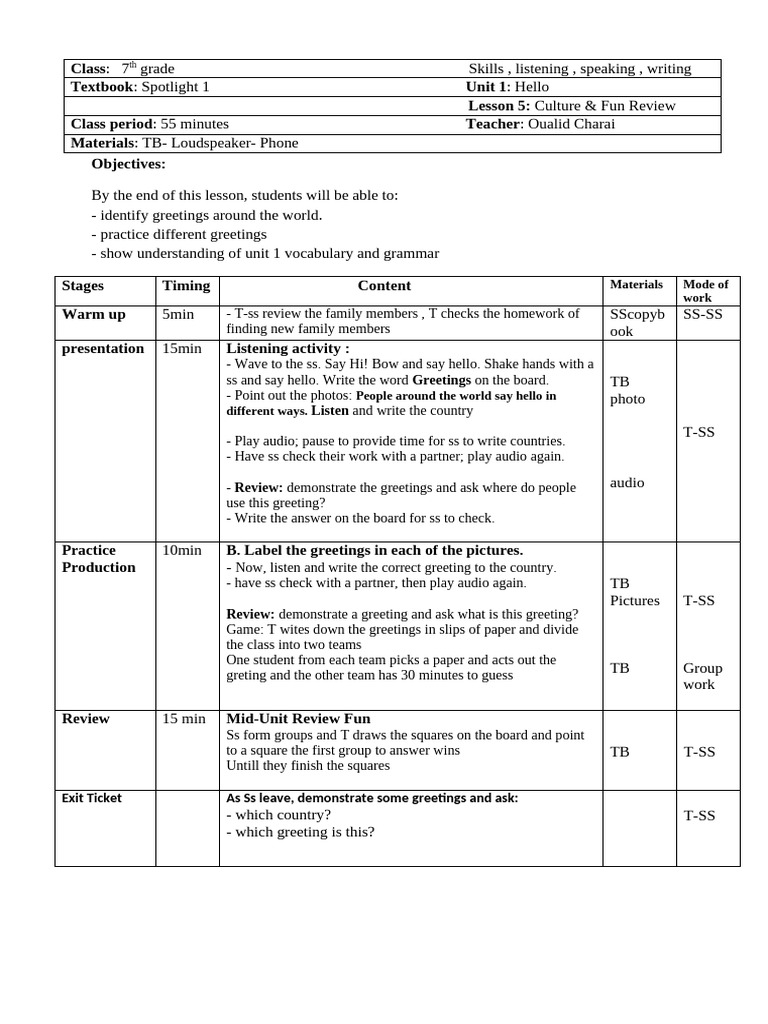 Global Greetings Lesson Plan | PDF | Human Communication | Learning