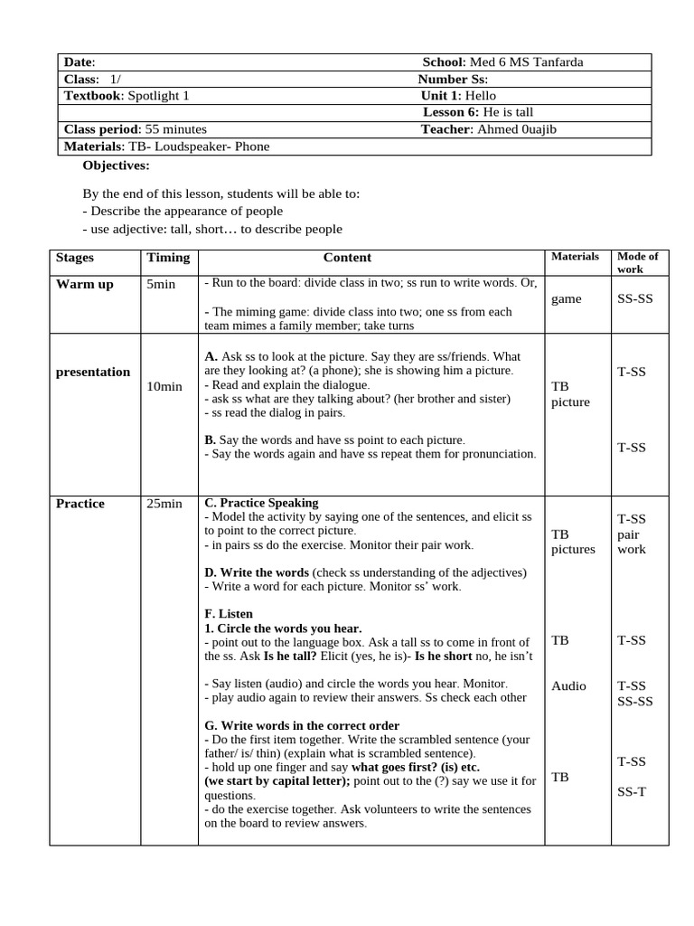 9- Unit 1 lesson 6 He is tall | PDF | Human Communication | Linguistics