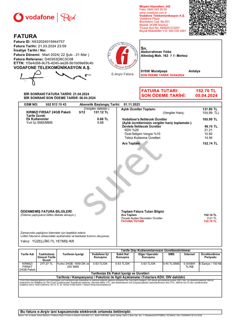 Vodafone E-Fatura 2024 Mart | PDF