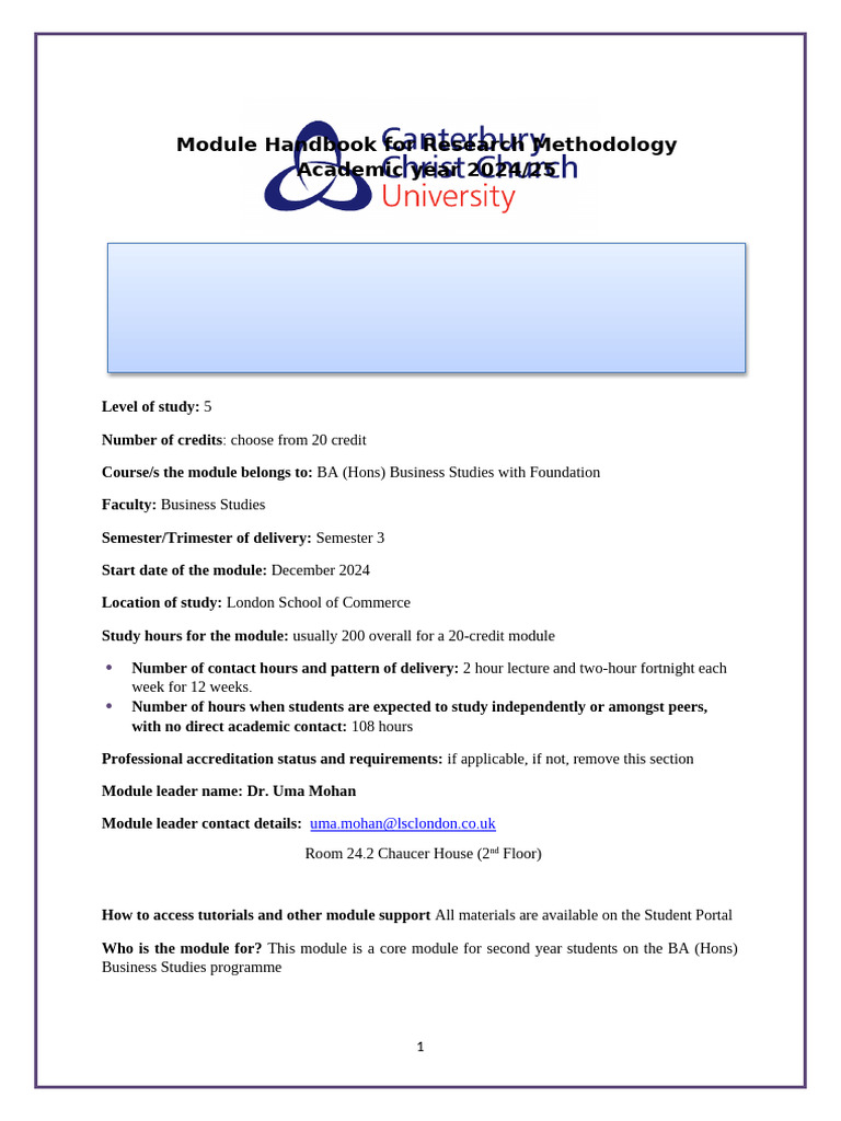 CCCU Module Handbook RM | PDF | Methodology | Theory