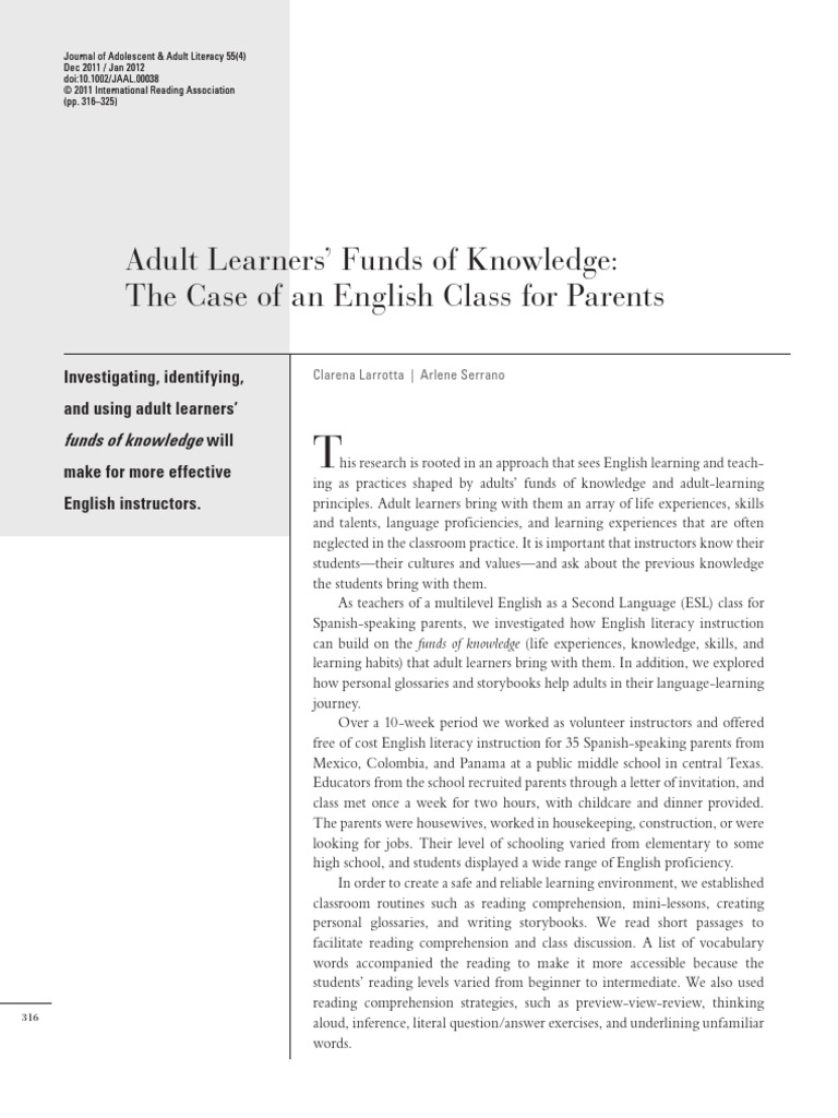 Adult Learners Funds of Knowledge | PDF | English As A Second Or ...