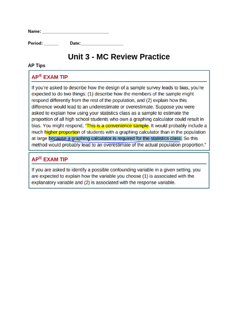 Unit 3 - MC Review Practice | PDF | Experiment | Design Of Experiments