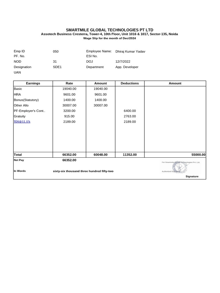 Salary Slip Format in Excel | PDF