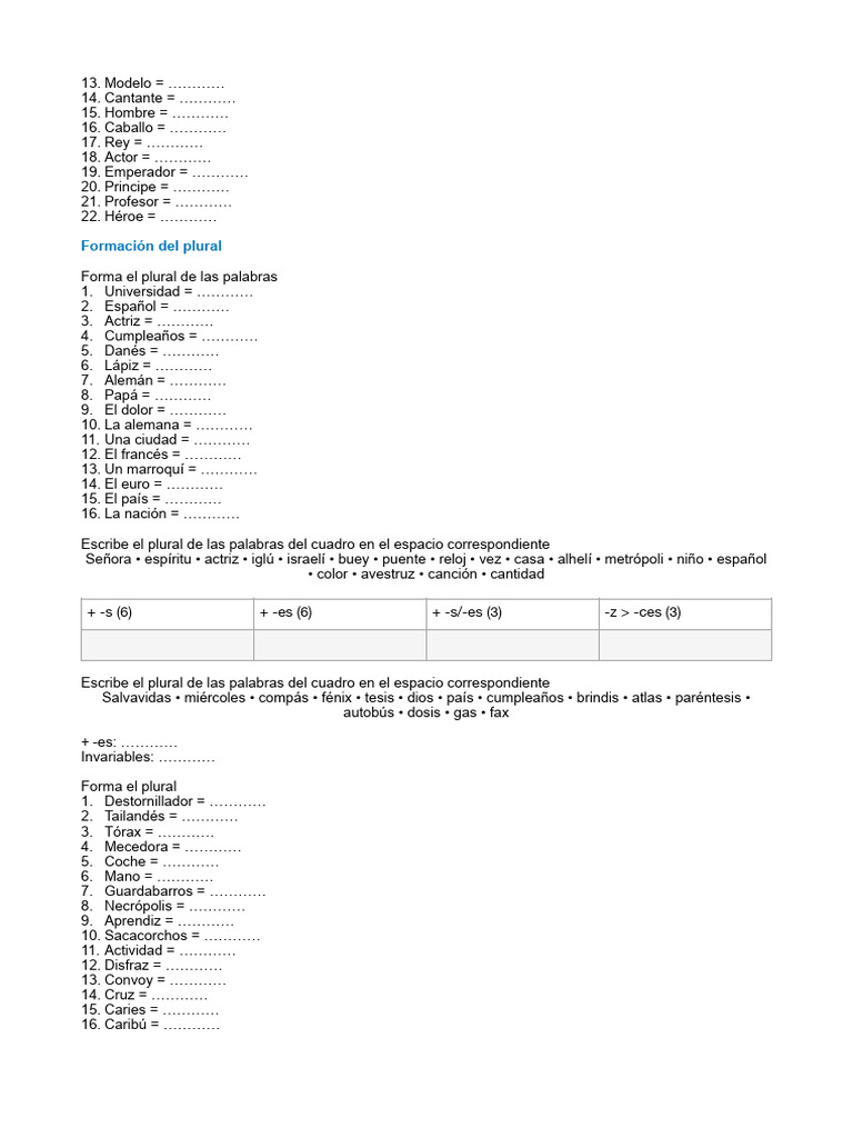 Ejercicios de Plurales en Español | PDF