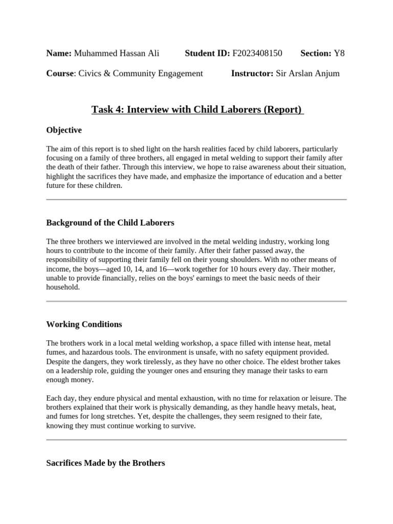 Child Labor Interview Report | PDF | Child Labour