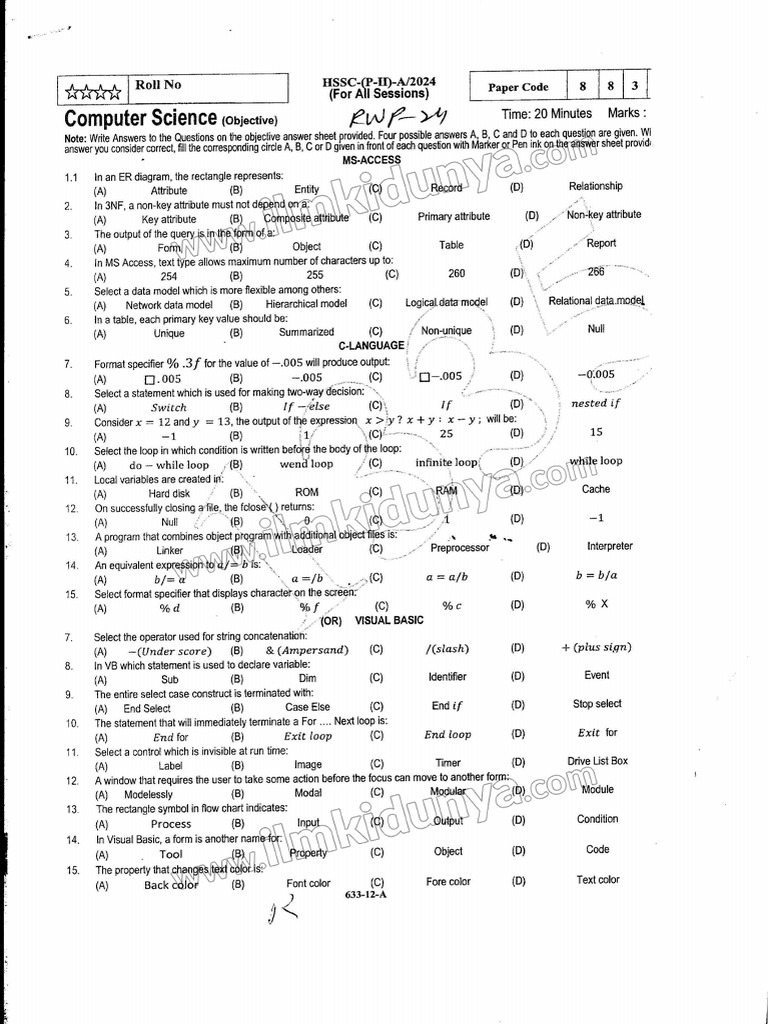 Past Paper 2024 Rawalpindi Board Class 12th Computer Science Objective ...