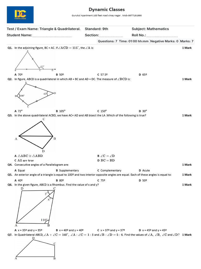 9 Triangle&Quadrilateral Test MCQ | PDF | Classical Geometry ...