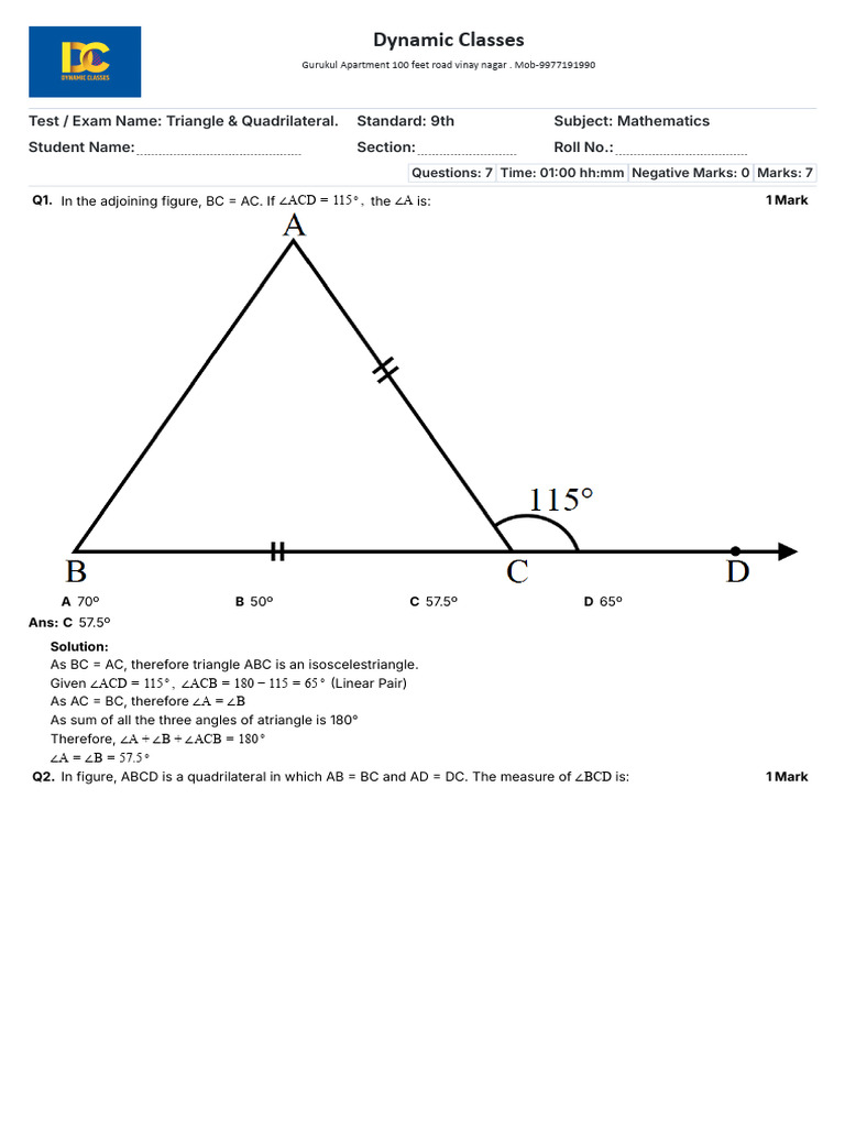 9 Triangle&Quadrilateral Test Mcqsoluti | PDF | Triangle | Classical ...