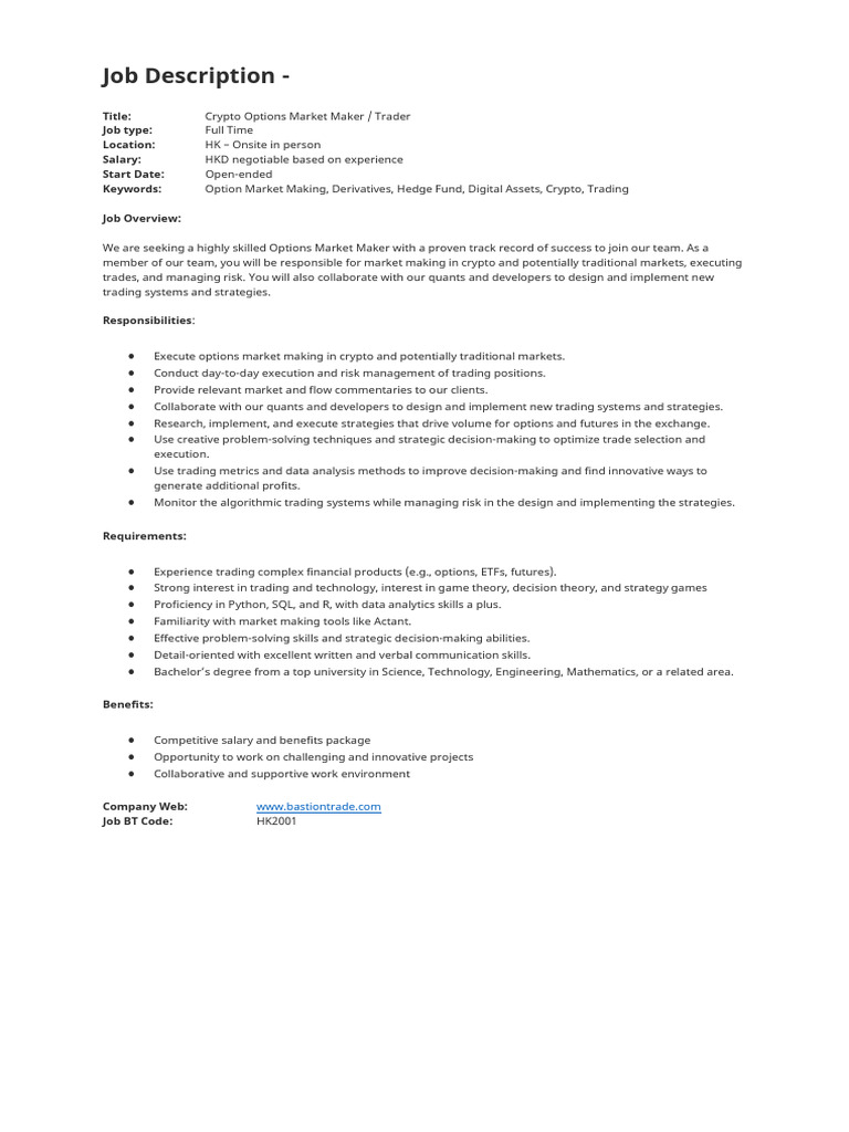 Crypto Options Market Maker Job in HK | PDF | Market Maker | Option ...