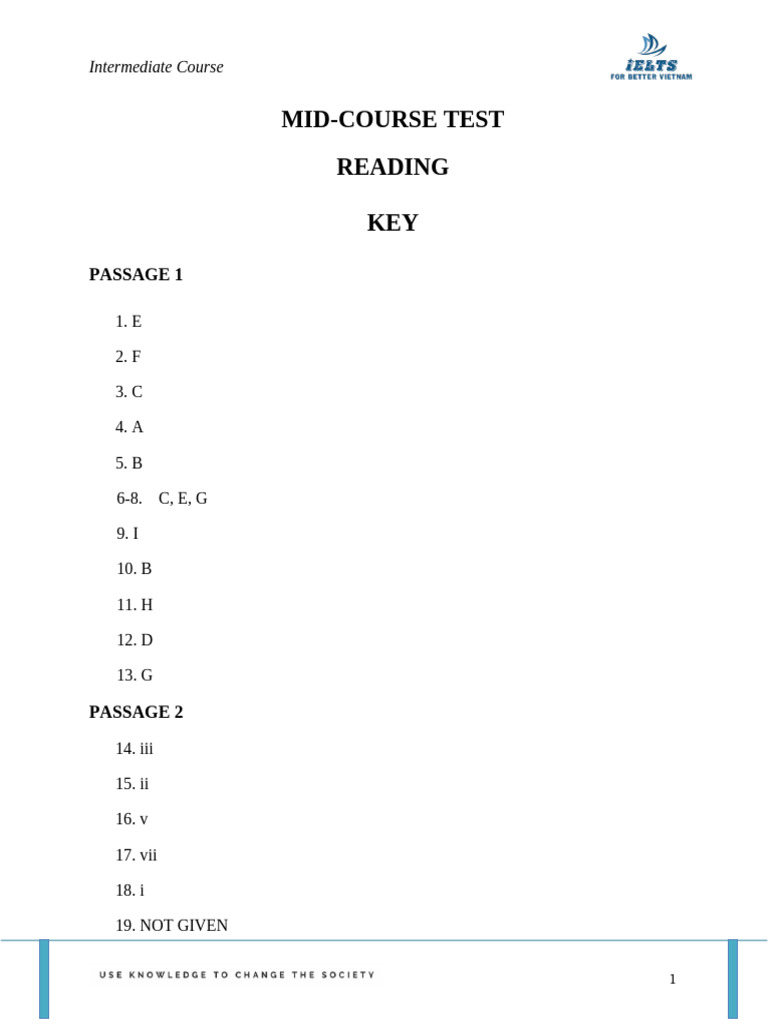 Intermediate Reading Test Key | PDF