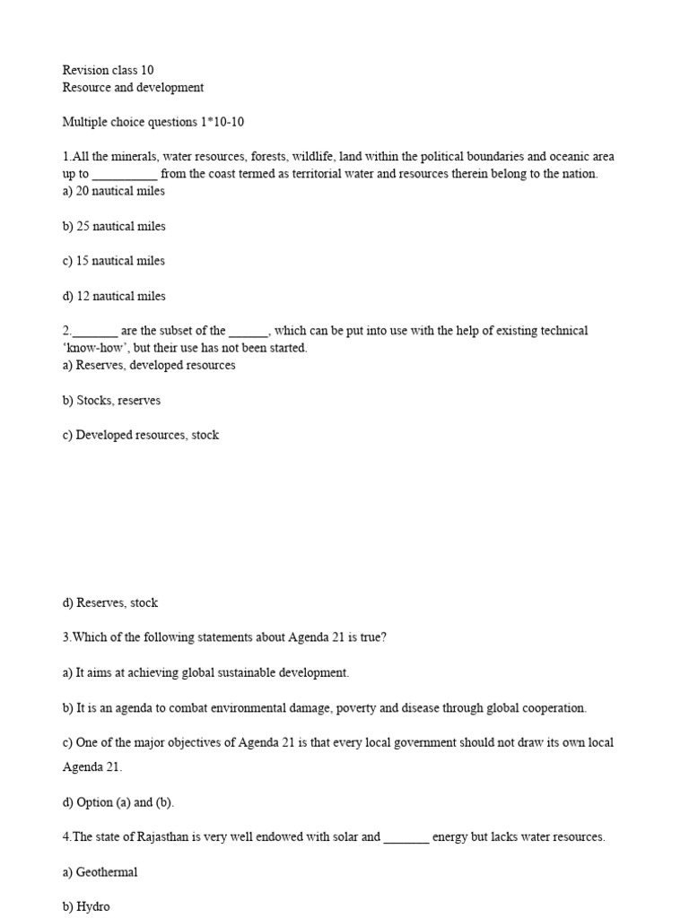 Class 10 Resource Development MCQs | PDF | Sustainability | Sustainable ...