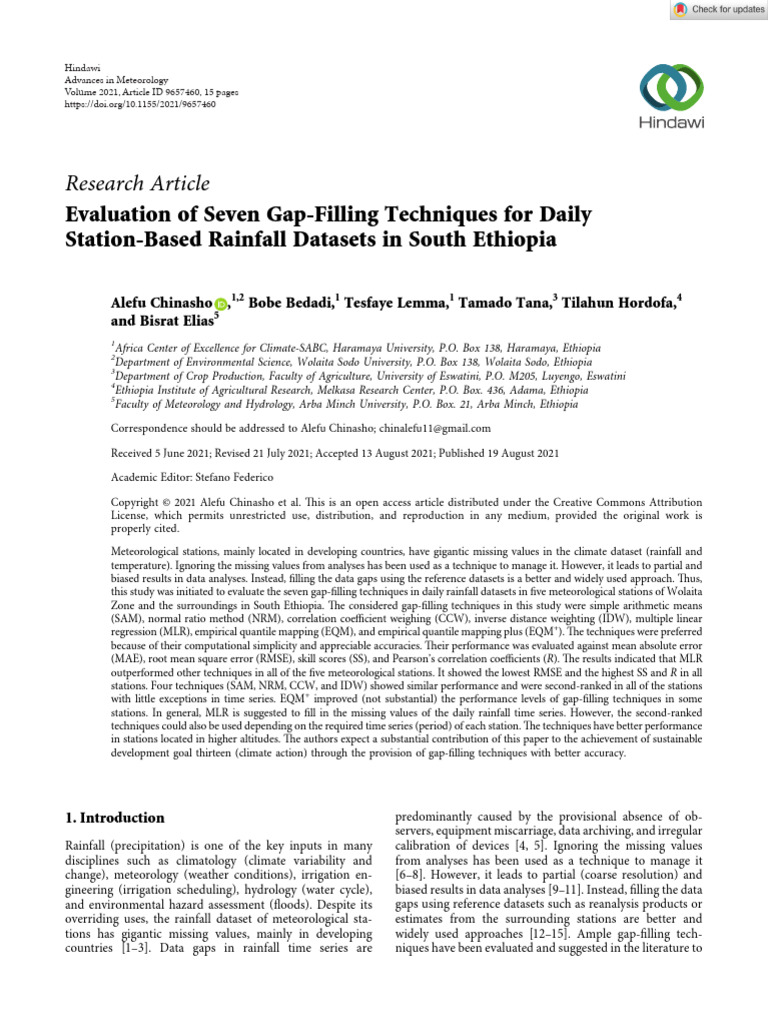 Advances in Meteorology - 2021 - Chinasho - Evaluation of Seven Gap Filling Techniques For Daily ...