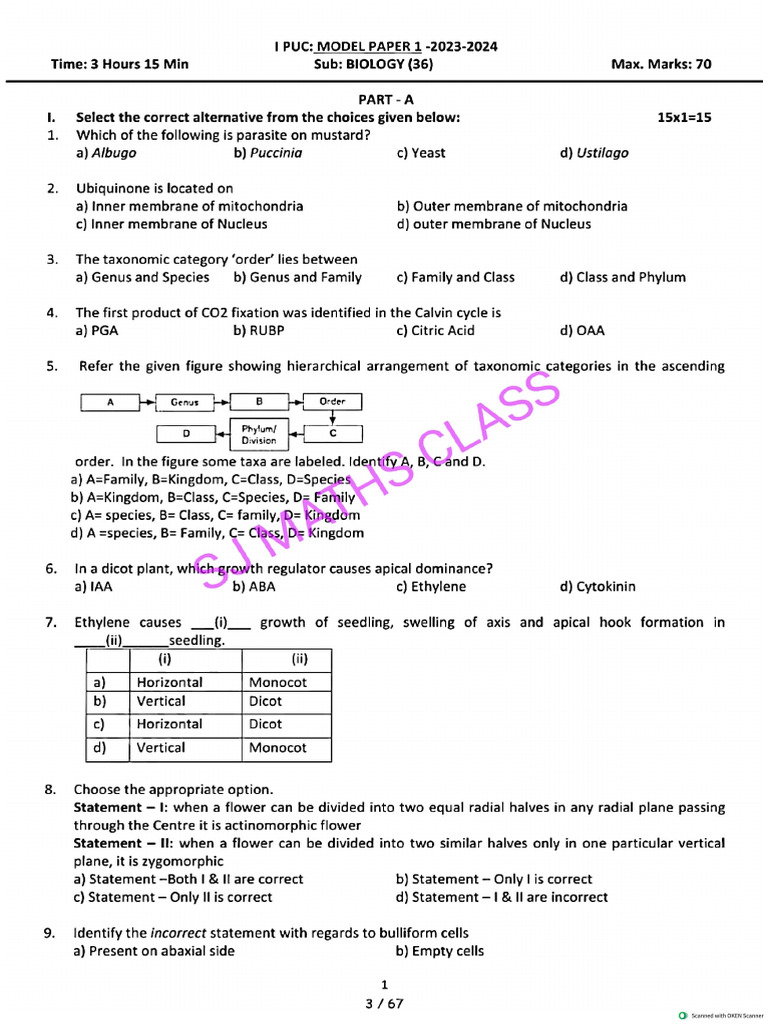 1st Pu Bio Model Question Paper and Solutions | PDF