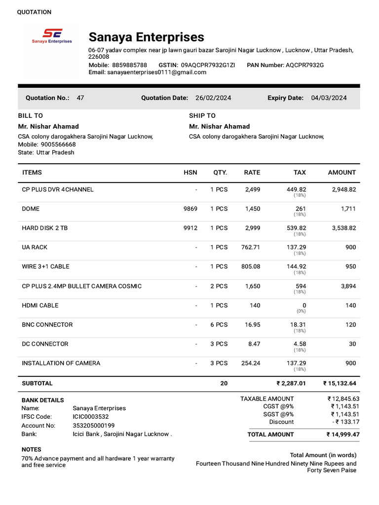 47-Quotation-Mr. Nishar Ahamad | PDF