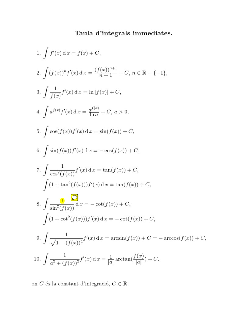 04_taula-integrals-immediates (1) | PDF