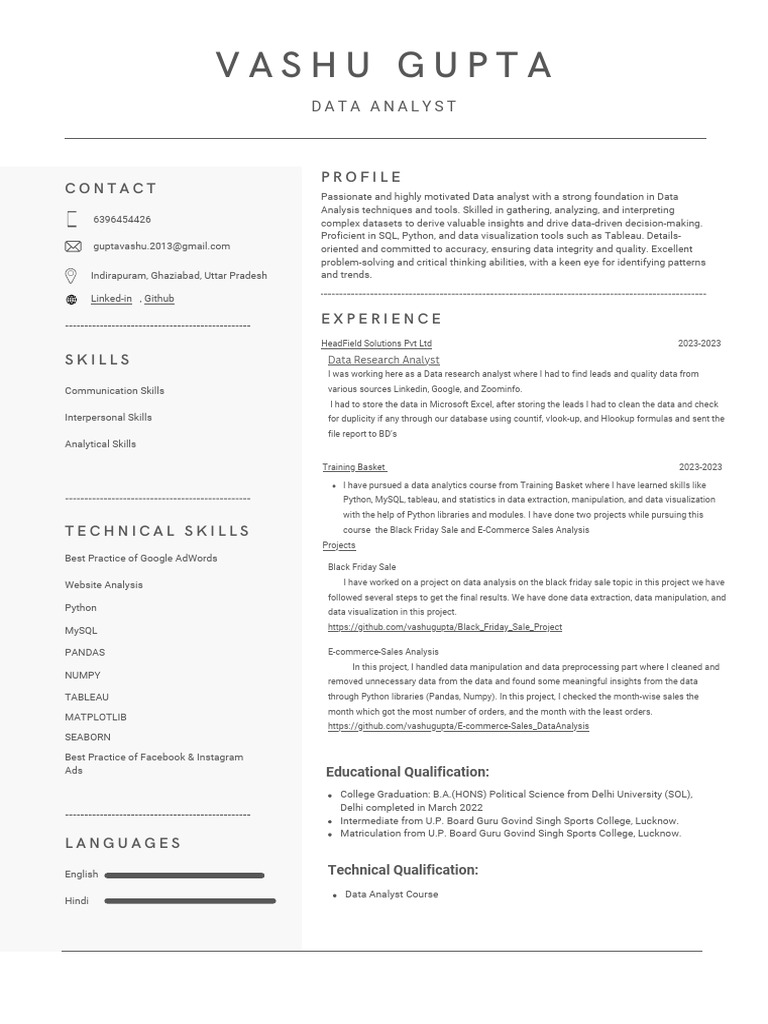 Vashu Gupta CV (Data Analyst) | PDF | Data | Data Analysis