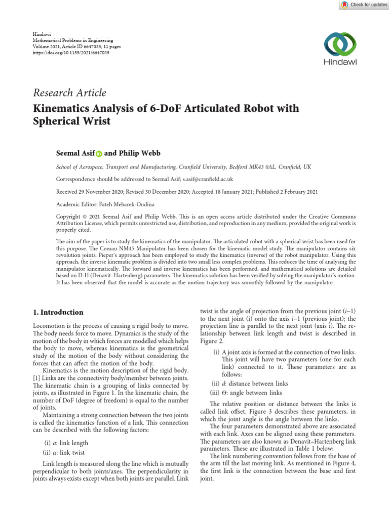 Mathematical Problems in Engineering - 2021 - Asif - Kinematics Analysis of 6 DoF Articulated ...