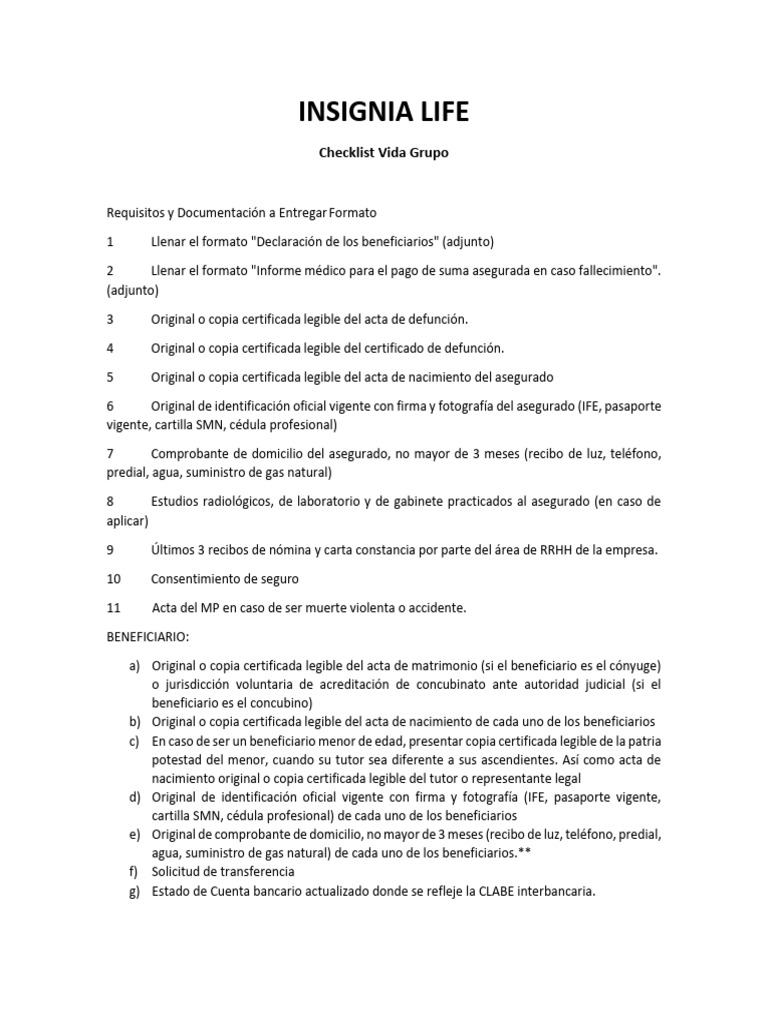 Requisitos para Seguro de Vida Grupo | PDF