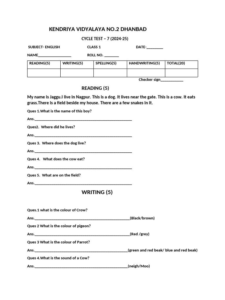 Class 1 English Cycle Test 2024-25 | PDF