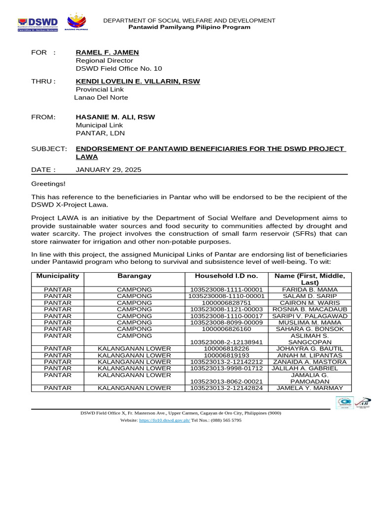 Hasanie Project Lawa Endorsement | PDF | Standard Of Living | Social Policy