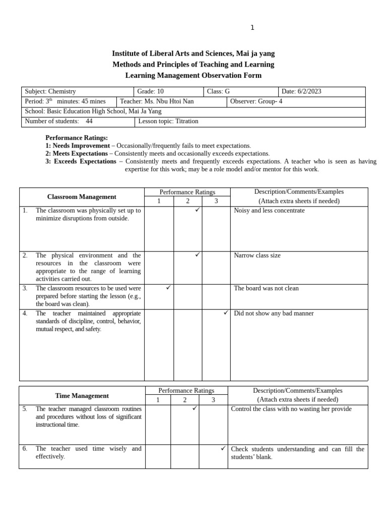 Classroom Management Observation Form | PDF | Teachers | Classroom ...