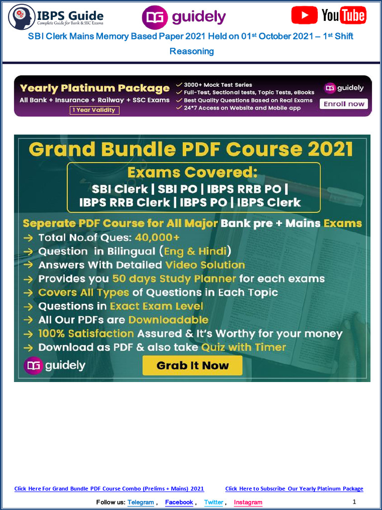 SBI Clerk Mains 2021 Memory Based Question Paper-Reasoning Ability | PDF | Violence Against Women