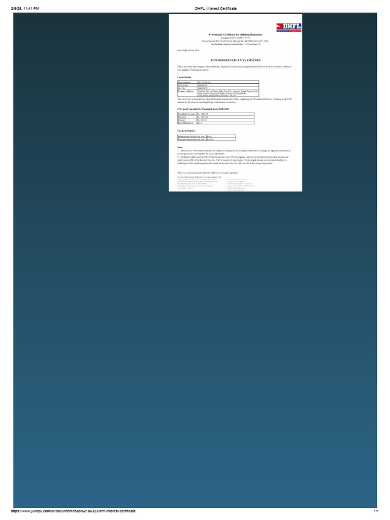 DHFL - Interest Certificate | PDF