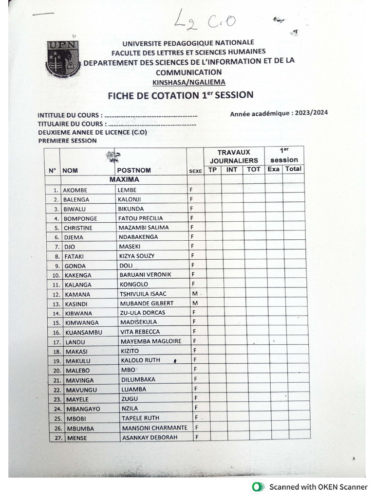Fiche de Cotation - l2 Co - 1er Session - 2023-2024 | PDF
