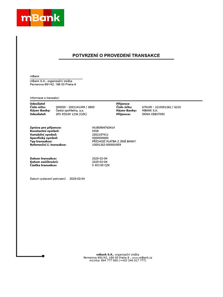 Potvrzení O Provedení Transakce: Mbank Mbank S.A., Organizační Složka Pernerova 691/42, 186 00 ...