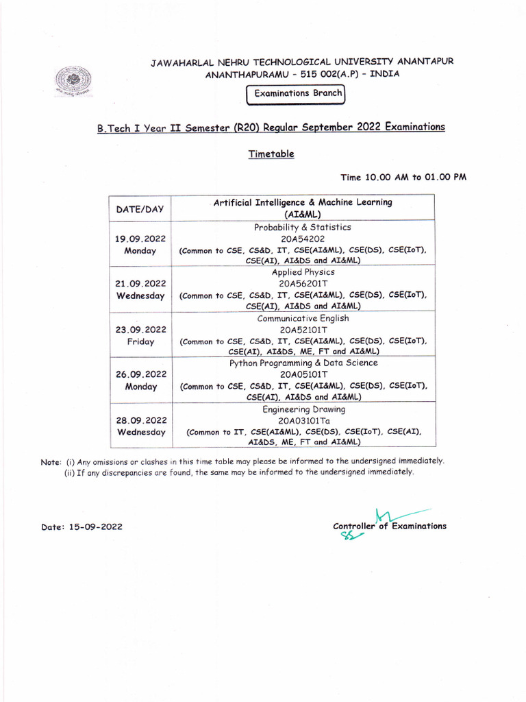 AIML-Timetable-for-B.Tech-I-II-Sep-2022-Exams | PDF