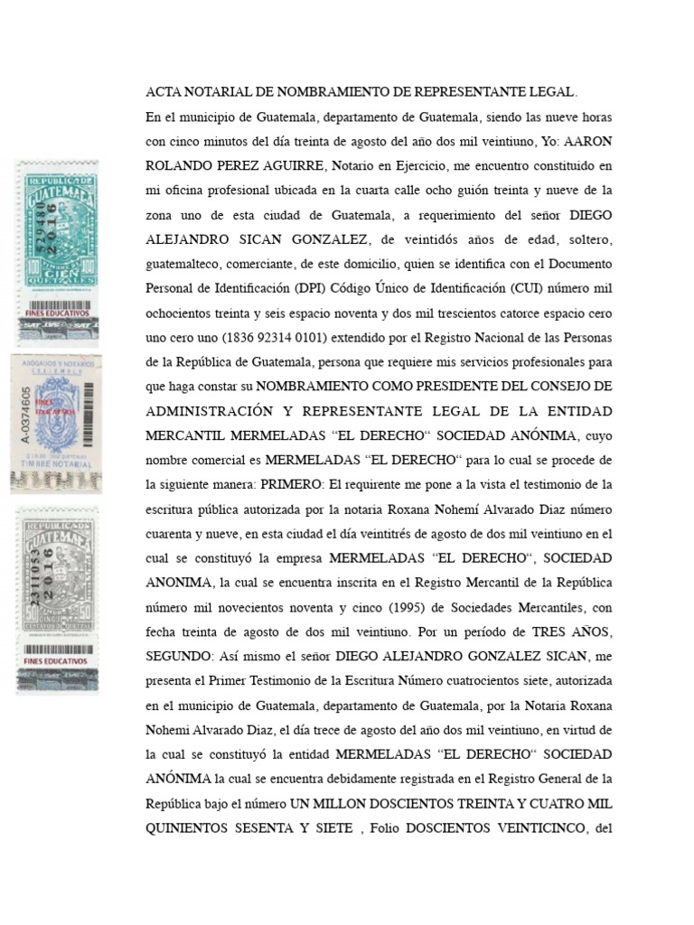 Acta de Nombramiento de Representante Legal | PDF | Junta Directiva ...