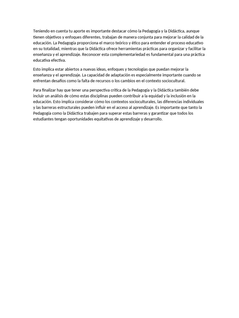 Teniendo en Cuenta Tu Aporte Es Importante Destacar Cómo La Pedagogía y ...