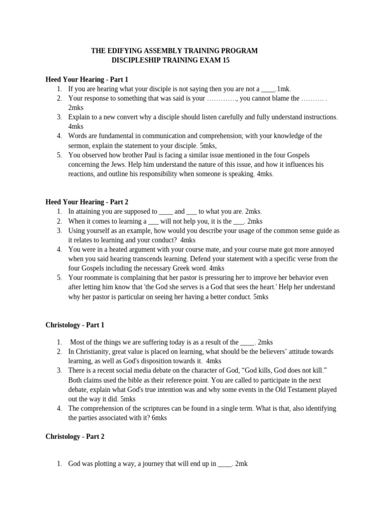 Discipleship Training Exam 15 S1 24 | PDF | Christology | Disciple (Christianity)