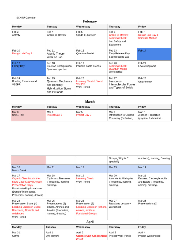 SCH4U Calendar 2025 Calender | PDF | Chemical Bond | Chemical Equilibrium