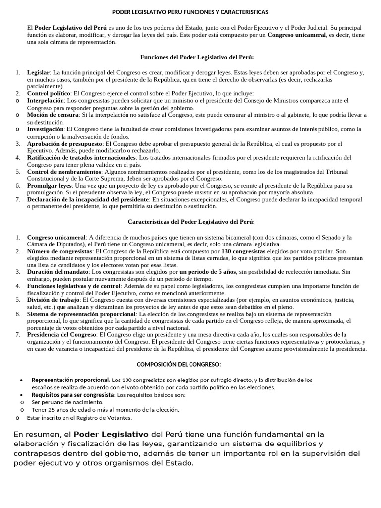 Poder Legislativo Peru Funciones y Caracteristicas | PDF | Legislatura ...