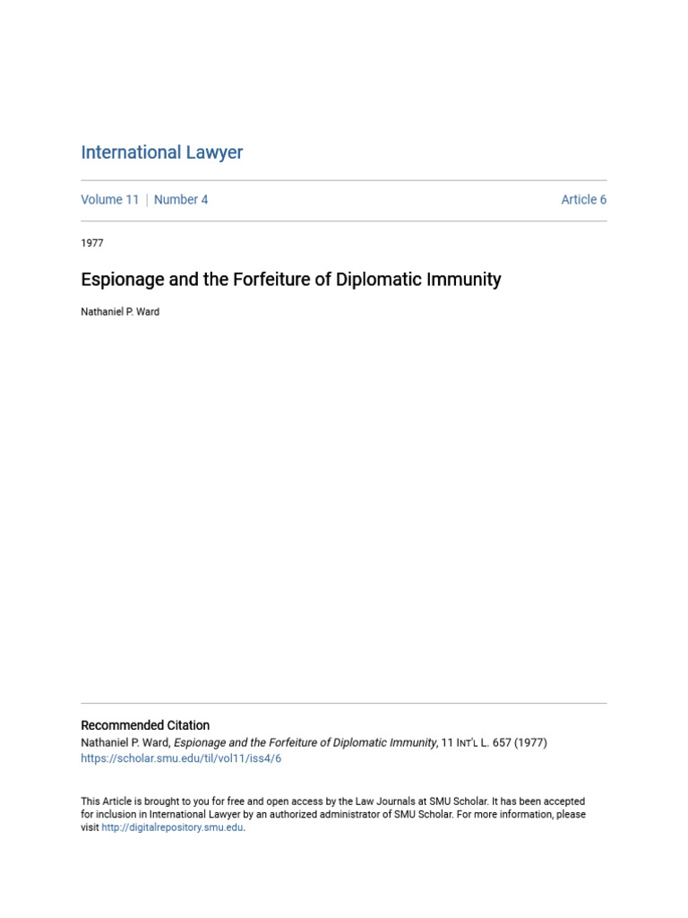 Espionage and The Forfeiture of Diplomatic Immunity | PDF | Espionage ...