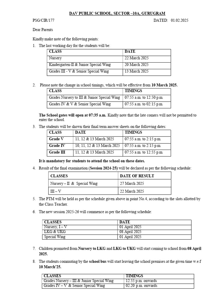 DAV Public School 2025-26 Session Details | PDF