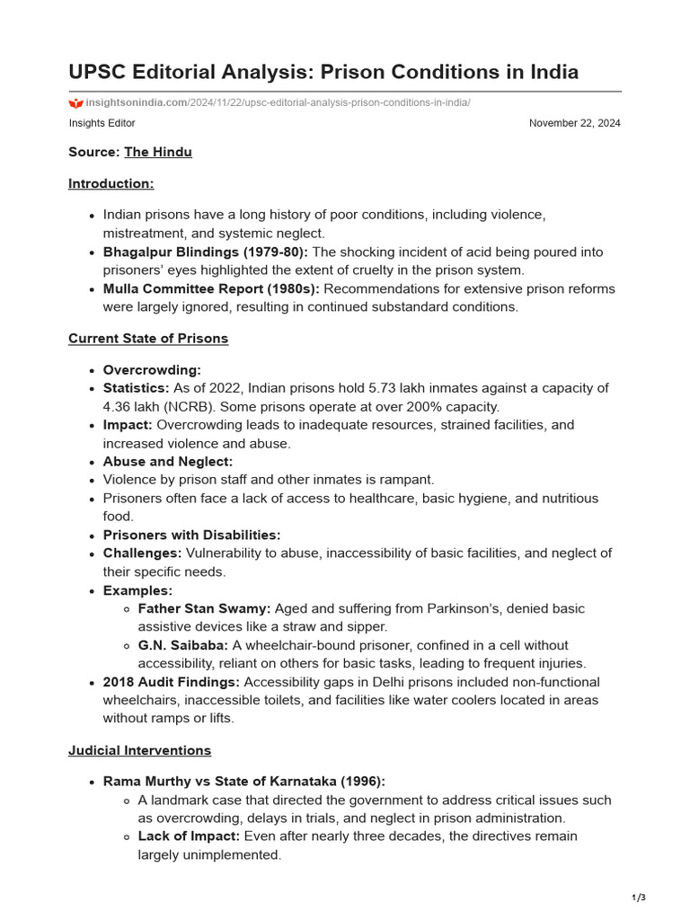 UPSC Editorial Analysis Prison Conditions in India | PDF | Prison ...