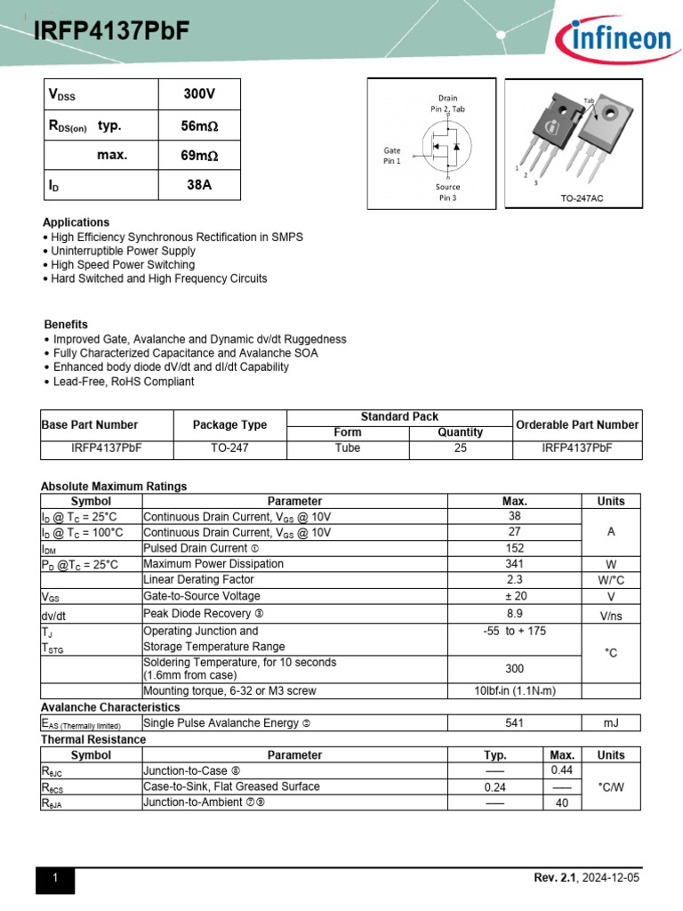 Infineon IRFP4137 DataSheet v02 - 01 EN | PDF | Diode | Computer Engineering