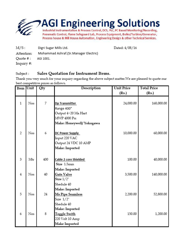 Sales Quotation for Instrument Items | PDF | Electrical Engineering ...