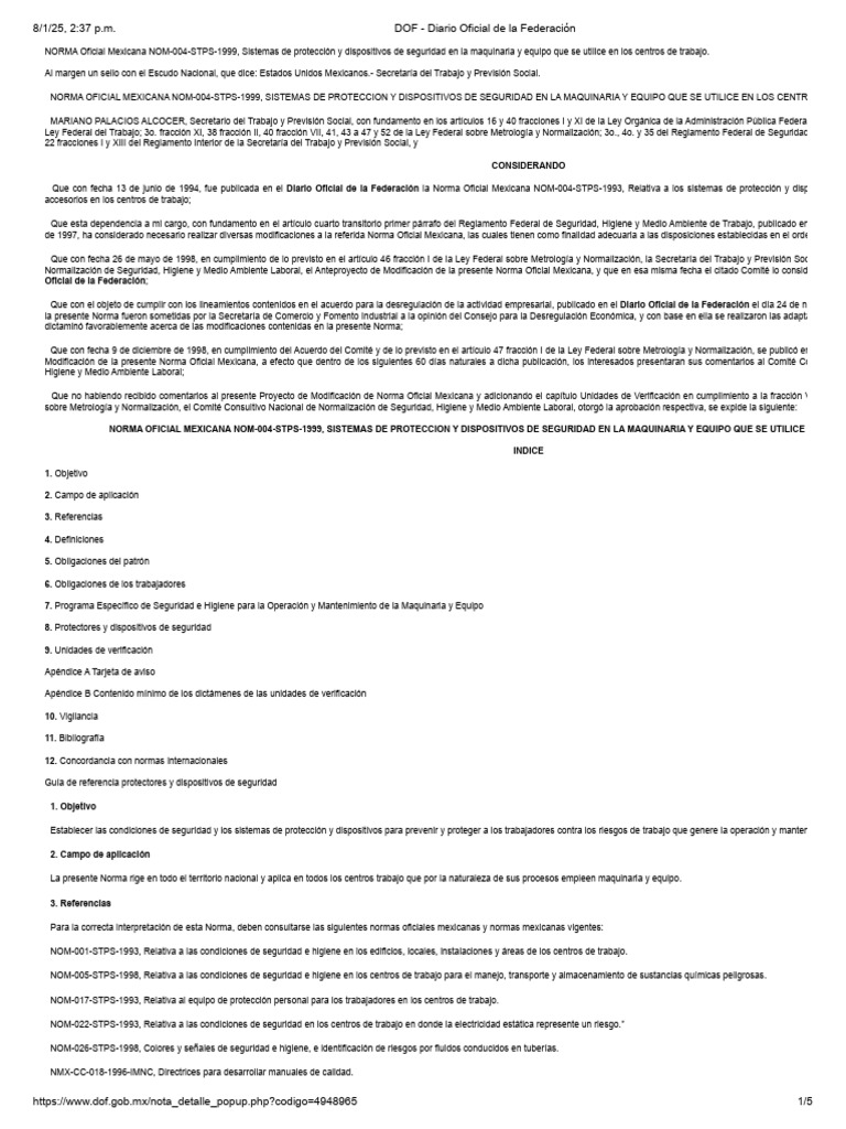 Nom-004-Stps-1999, Sistemas de Proteccion y Dispositivos de Seguridad ...