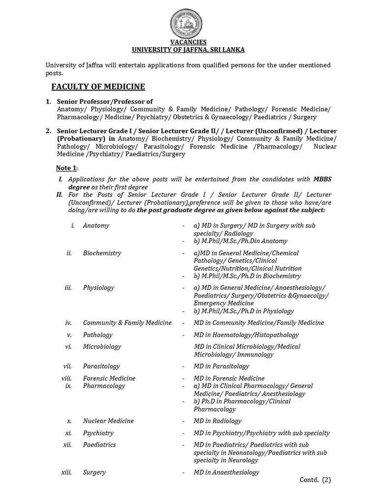 Faculty Vacancies at University of Jaffna | PDF | Cost Of Living | Doctor Of Medicine