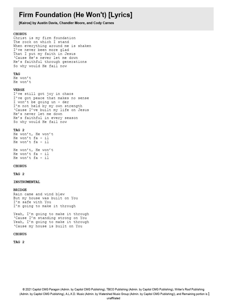 Firm+Foundation+ (He+Won't) + +lyrics | PDF