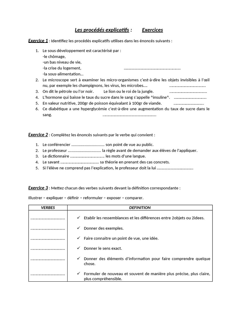 Exercices sur les procédés explicatifs | PDF | Définition
