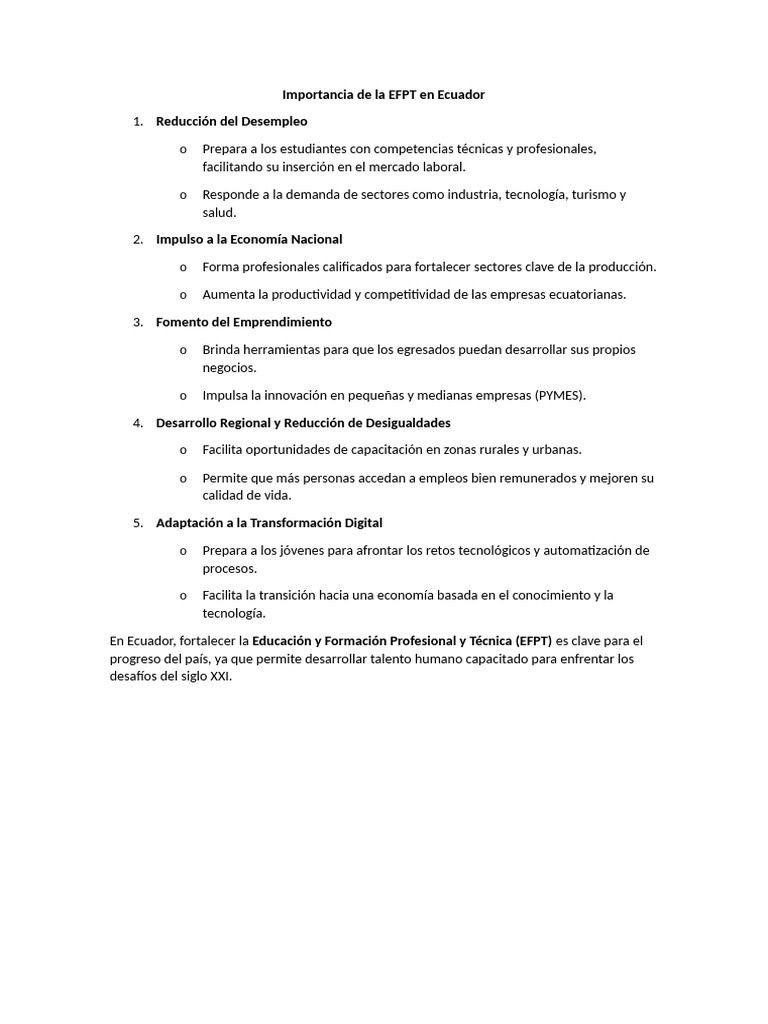 Importancia de La EFPT en Ecuador | PDF