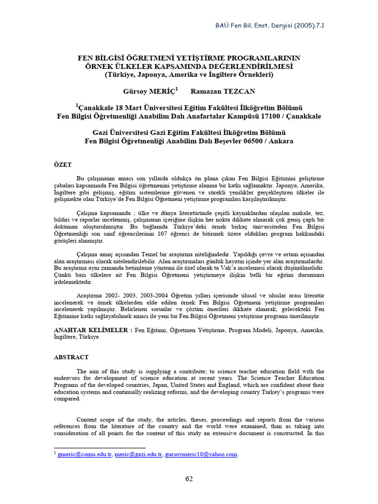 Fen b Lg s Retmen Yet t Rme Programlarinin Rnek Lkeler Kapsaminda de Erlend r Lmes (t Rkiye ...