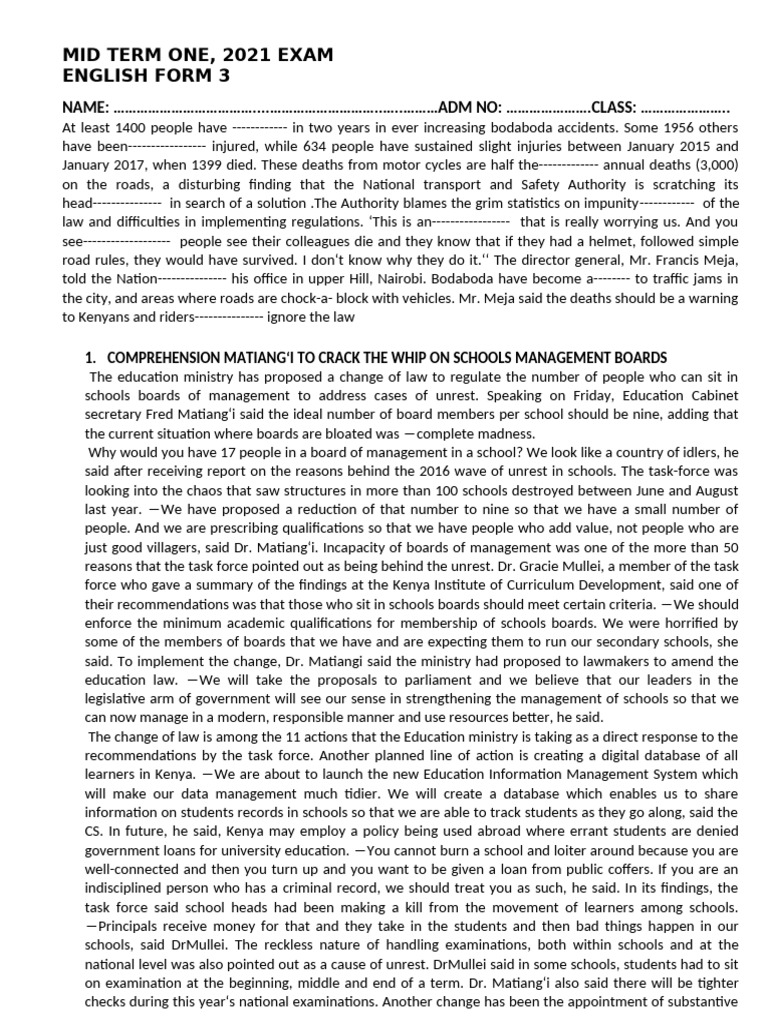 Set2 Eng New MidTerm 1 2021 Teacher - Co .Ke F3 Exam | PDF